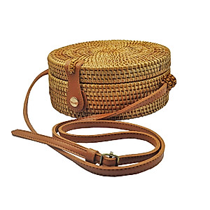 HAAN Handwoven Round Rattan Bag Made In Vietnam - Natural Stylish & Chic – Shoulder Real Leather Adjustable Strap