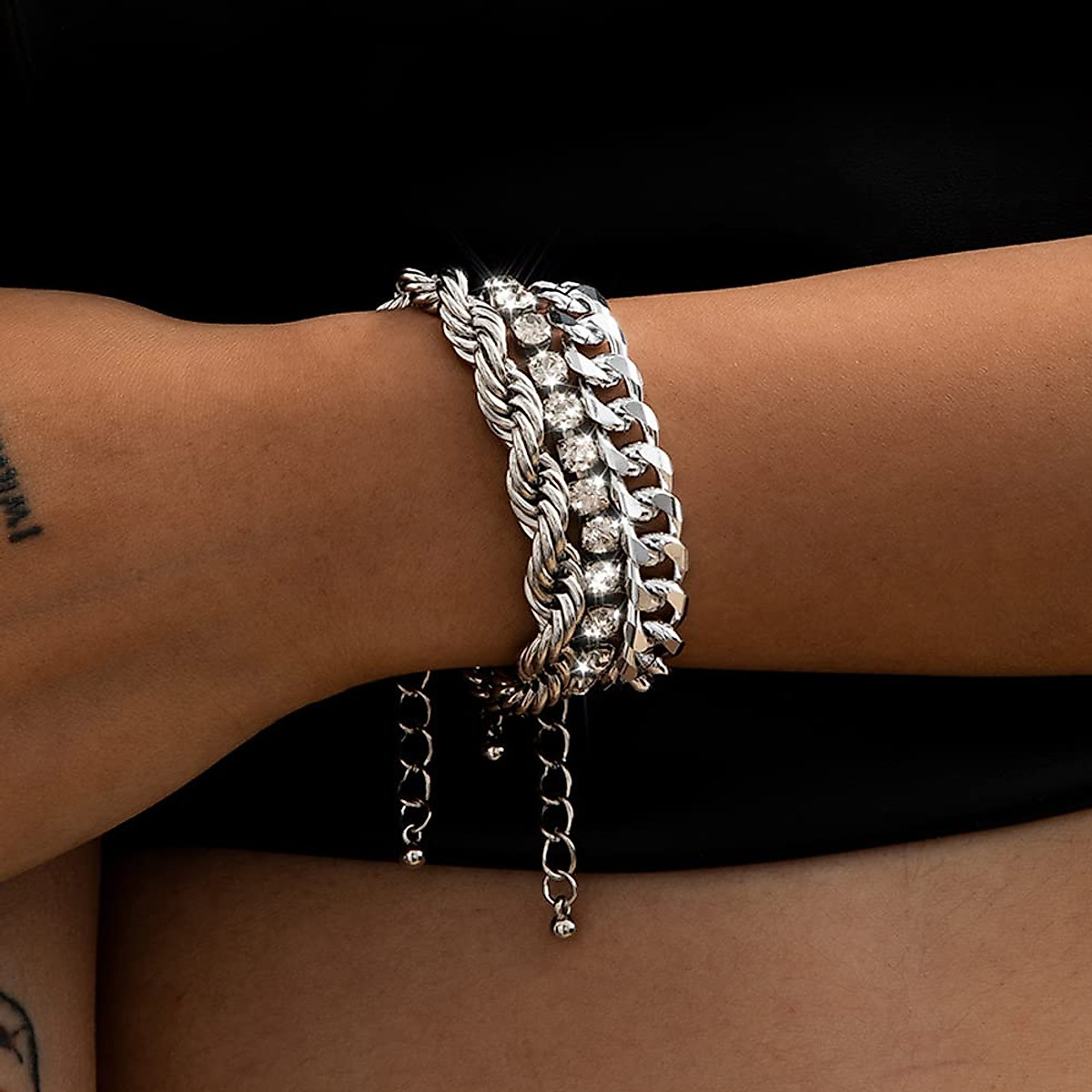 Octwine Fashion Rhinestones Bracelets Sets for Women Gold Silver Layered Chunky Pendant Charms Chain Stackable Wrap Bangle Adjustable Bracelet Jewelry Accessories for Women