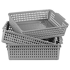 Plastic Storage Basket - 4 Pack Plastic organizing basket Gray Storage Basket with Handles Plastic Storage Bins for Organizing Fit for Home Office Accessories Toys Bathroom Kitchen