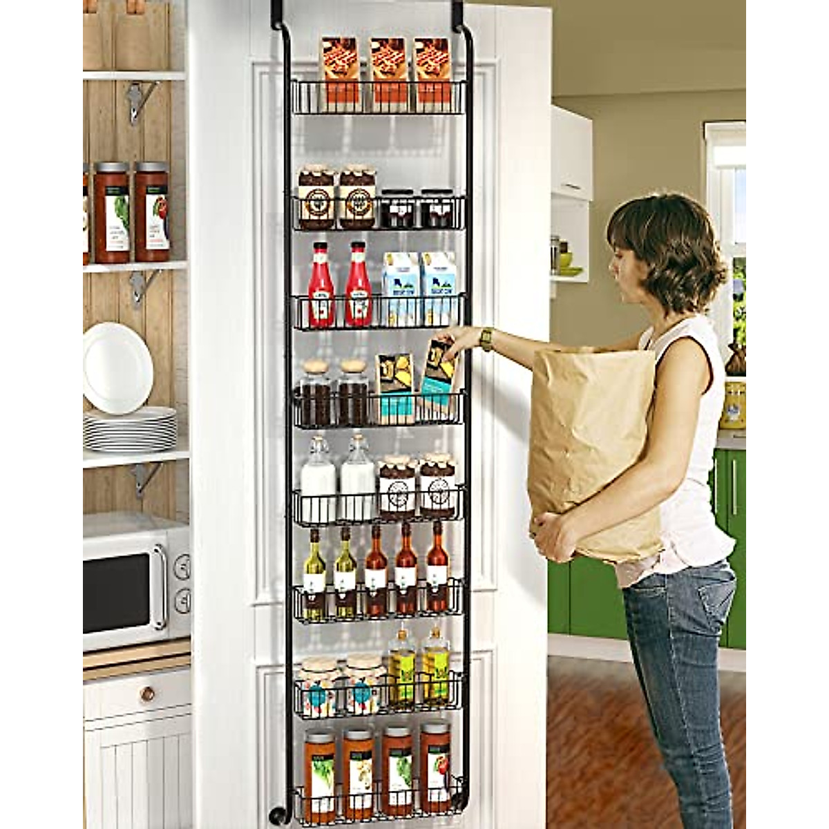 TIMEBAL 8 Tier Over the Door Pantry Organizer, Over the Door Organizer and Storage Rack with 8 Full Baskets, Metal Hanging & Wall Mounted Kitchen Storage Spice Rack, Bathroom Over Door Organizer-Black