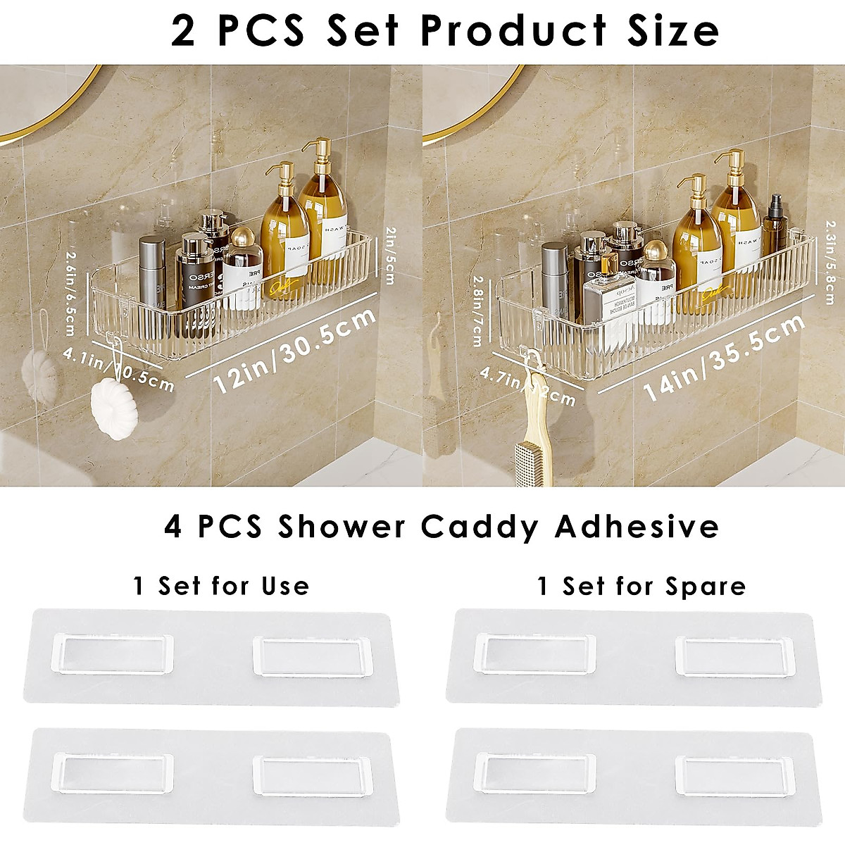 Veefos 2 Pack Hanging Shower Caddy Wall Mounted, Clear Storage Bathroom Shelf Shower Organizer, Self-Adhesive Floating Shelves Wall Makeup Organizer Basket, No Drilling