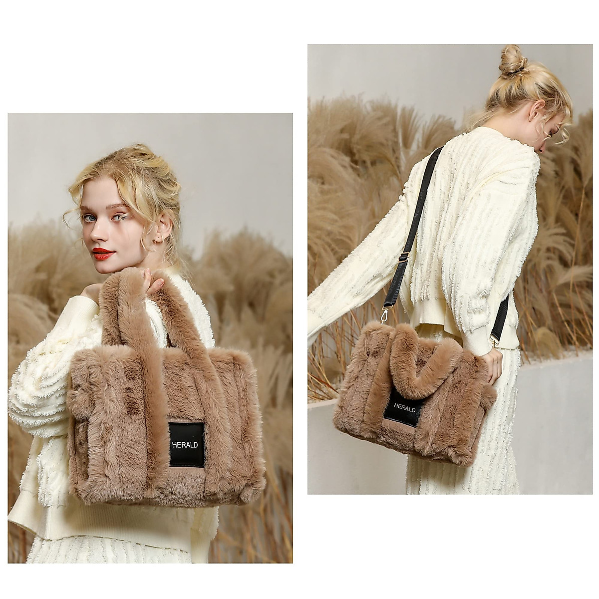 Herald Large Tote Bags For Women Soft Winter Fluffy Fuzzy Furry Plush Top Handle Purse and Handbag With Shoulder Strap (Khaki)