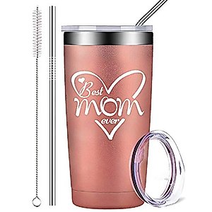 AMIGOO Best Mom Ever - Stainless Steel Mug Tumbler with Lid and Straw, Insulated Travel Coffee Cup Mothers Birthday Gifts for Her Mom Women Ladies (20 oz, Rose Gold)