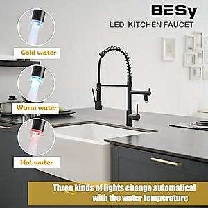 BESy 20 Inch Black Kitchen Faucet with Pull Down Sprayer, Dual Morden Commercial Rv Single Handle Single Hole Double Spout LED Spring Kitchen Sink Faucet with Pot Filler, Matte Black, Brass
