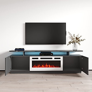 Eva-KWH Fireplace TV Stand for TVs up to 80", Modern High Gloss 71" Entertainment Center, Electric Fireplace TV Media Console with Storage Cabinets and LED Lights