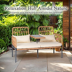 PROHIKER Patio Furniture Outdoor Rattan Loveseat 2-Seat with Built-in Table, Lumbar Pillows and Cushions, All-Weather Wicker Loveseat Porch Chairs for Balcony, Lawn, Backyard