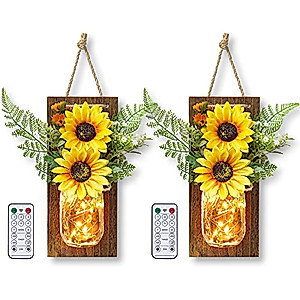 Sunflower Wall Decor Mason Jar Sconces Wall Decor 2 Pcs Rustic Farmhouse Handmade Wall Art Hanging with Remote Control LED Fairy Lights for Home Kitchen Living Room House Bedroom Wall Decorations