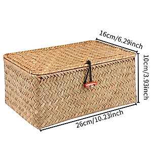 Moosky Wicker Shelf Baskets with Lid,Handwoven Seagrass Basket for Storage Basket Bins Rectangular Home Organizer Gift Boxes (Natural Large)