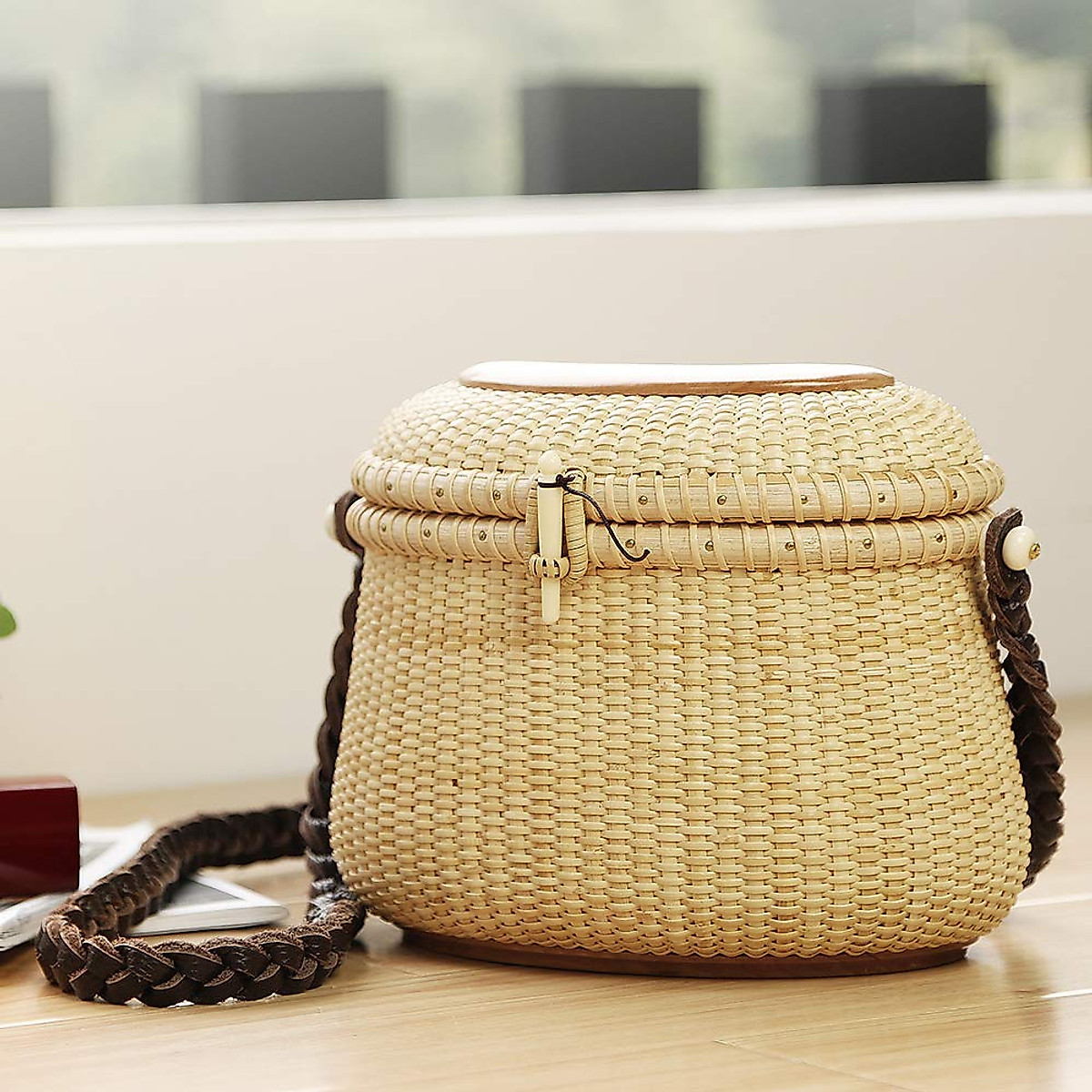 Teng Tian Nantucket Purse Basket Women Purse Handwoven Cane-on-cane Crossbody Bag Beach Purse Handmade Basket Handbags Vacation Essentials Must Haves