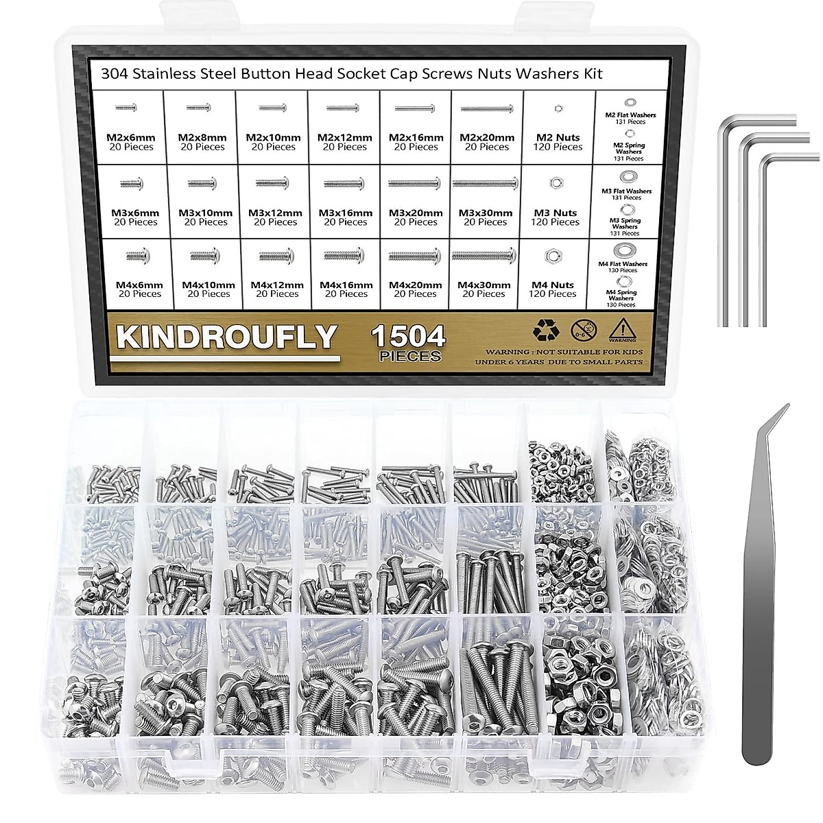 1504 Pieces Button Head Socket Cap Screws Nuts Washers Kit, Kindroufly M2 M3 M4 Screw Assortment Kit, Machine Screws, 304 Stainless Steel, Fully Machine Thread, Silver