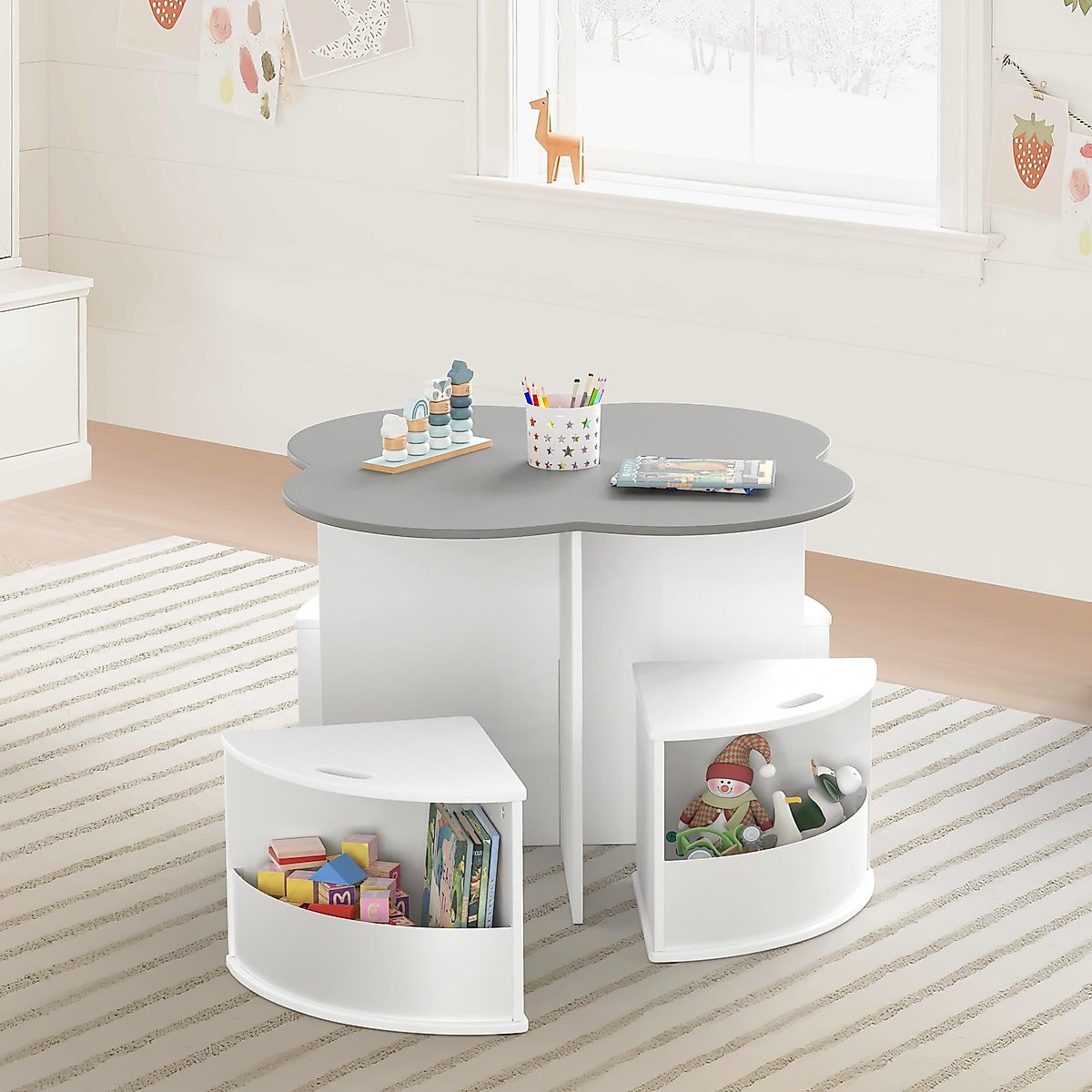 Curipeer Toddler Table and Chair Set with 4 Storage Stools, Flower Shaped Nesting Design Table with Built-in Pen Holder, Kids Table for Activity/Play/Art/Read/Craft, Grey and White