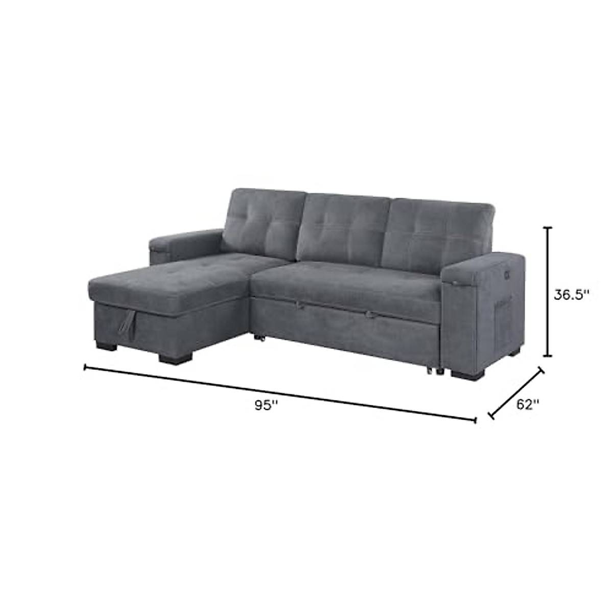 Lilola Home Toby Gray Woven Fabric Reversible Sleeper Sectional Sofa with Storage Chaise Cup Holder USB/USB-C Ports and Pockets