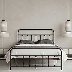 Classic Metal Bed Frame with Headboard & Footboard Set Vintage Bed Frame - with Storage–Sturdy Support Mattress Foundation, No Box Spring Required, Industrial Farmhouse, Under Bed Storage Black, Queen