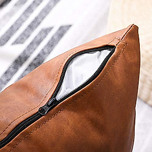 KKY Faux Leather Farmhouse Throw Pillow Cover 18x18 inch, Modern Country Style Decorative Throw Pillow Cover for Bedroom Living Room Sofa Brown Accent Pillows.(Full Leather 2PC, 18x18 inch)