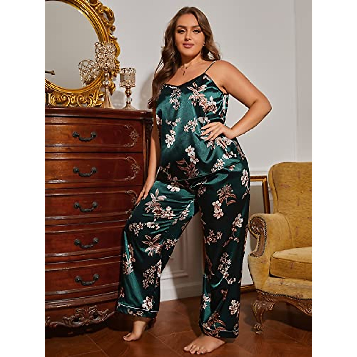 SOLY HUX Women's Plus Size Floral Print Satin Sleepwear Cami Top and Pants Lounge Pajama Set Dark Green 2XL