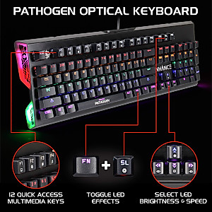 ENHANCE Pathogen Gaming Keyboard - Blue Switch Mechanical Keyboard with Fast 0.2ms Polling, Water & Dust Resistant, NKRO & Anti-Ghosting, Removable Wrist Rest, Ergonomic Keyboard Rainbow LED 9 Effects
