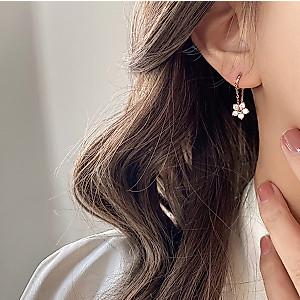 Reffeer 925 Sterling Silver Flower Chain Drop Earrings Hoop for Women Teen Girls Huggie Hoop Dangle Earrings Chain (C-Rose)