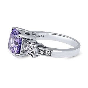 BERRICLE Sterling Silver 3-Stone Wedding Engagement Rings Purple Asscher Cut Cubic Zirconia CZ Statement Cocktail Anniversary Ring for Women, Rhodium Plated Size 8