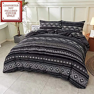 Lightweight Hotel Luxury Duvet Cover 3 Piece Set - Boho Black with White Geometry Ultra Soft Premium Microfiber Breathable Comforter Cover with Zipper Closure, Corner Ties King (104x90 inches)