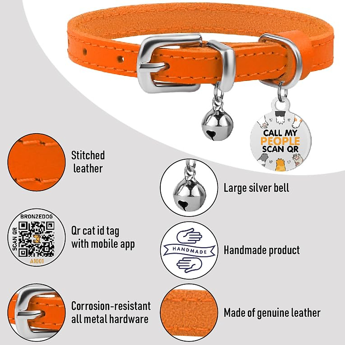 BRONZEDOG Leather Cat Collar with Bell Non Breakaway Kitten QR Tag for Girl Boy (7" - 9" for Cats, Orange & Silver)