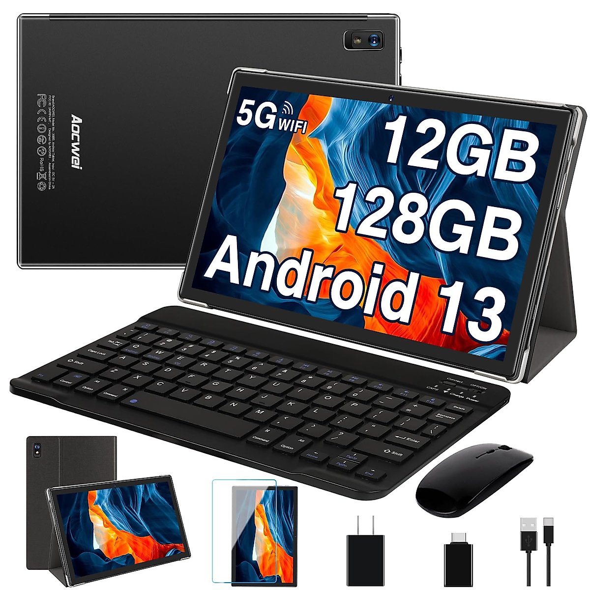 2024 Newest 10 Inch Tablet Android 13 Tablets with Keyboard, 12GB RAM 128GB ROM 512GB Expand, Octa-Core, 5G/2.4G WiFi, HD IPS Display, 8000mAh Tablet PC with Case Mouse GPS Split Screen Support-Black