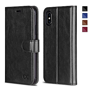 OCASE iPhone X Wallet Case, iPhone 10 Case [ Wireless Charging ] [ Card Slot ] [ Kickstand ] Leather Flip Wallet Phone Cover Compatible with iPhone X/iPhone 10 - Black