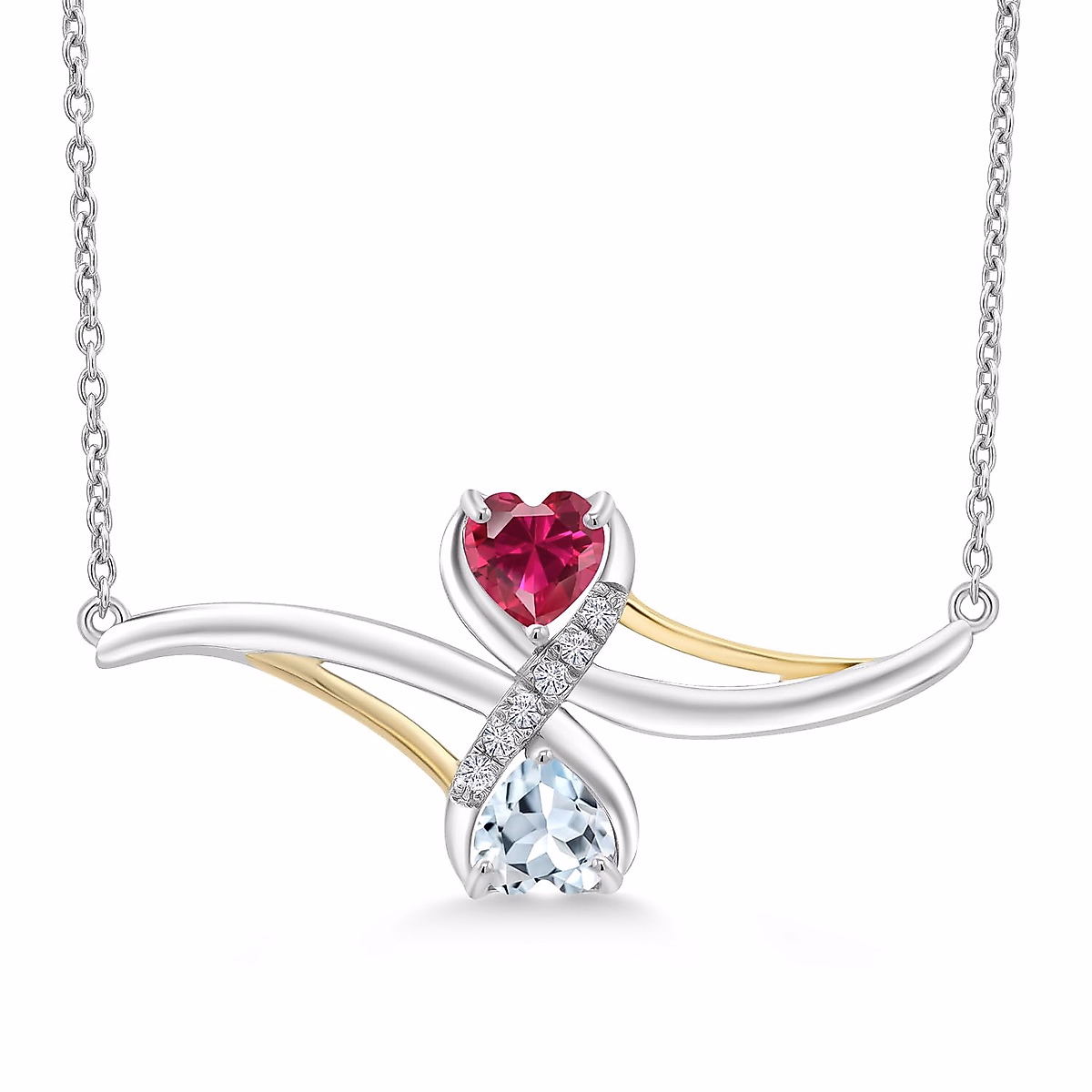 Gem Stone King 925 Sterling Silver and 10K Yellow Gold Red Created Ruby and Sky Blue Aquamarine with Lab Grown Diamond Pendant Necklace For Women (1.08 Cttw with 18 Inch Silver Chain)