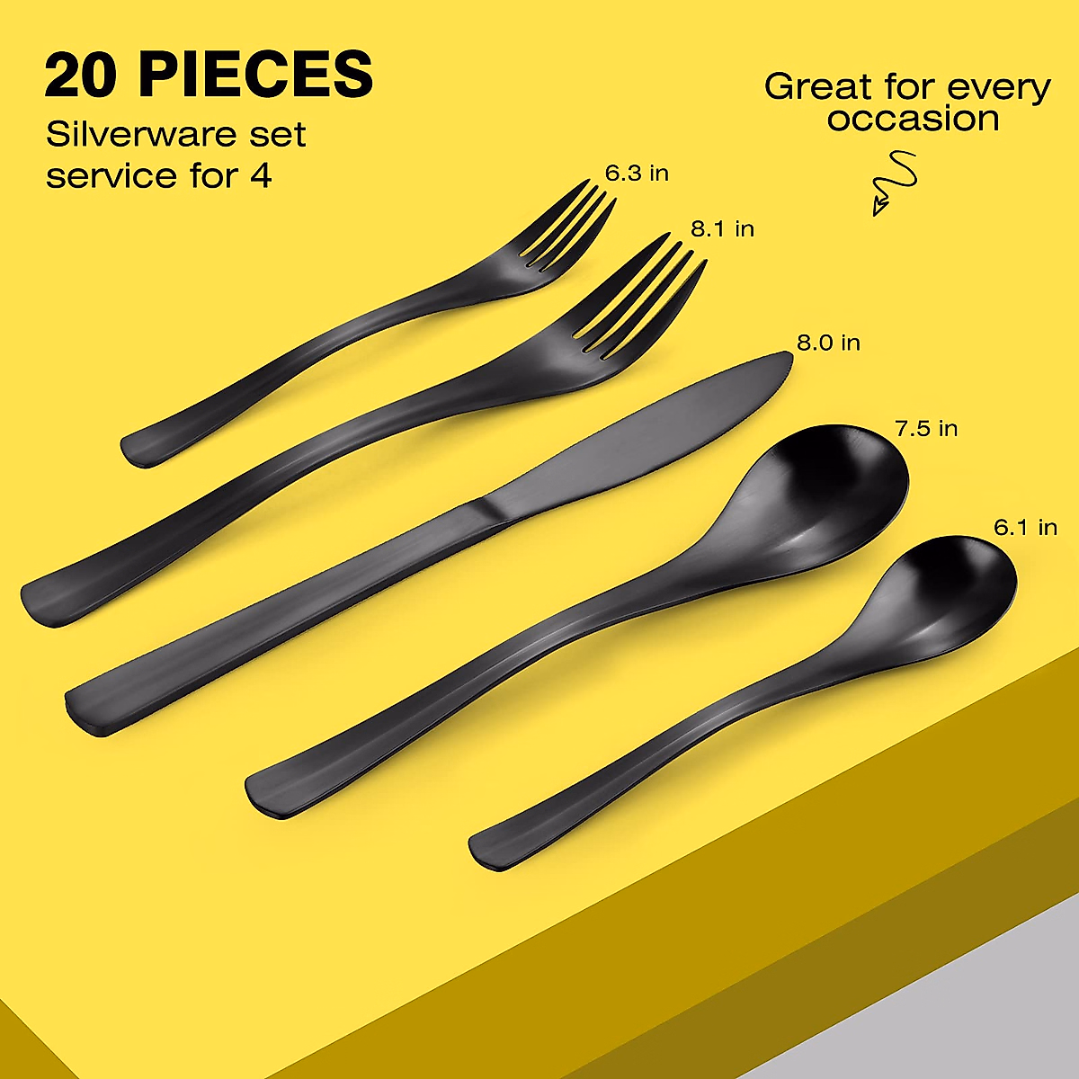 Matte Black Silverware Set, BENNLY 20-Piece Flatware Set, Stainless Steel Utensils Service for 4, Tableware Cutlery Set for Home and Restaurant, Include Knife/Fork/Spoon, Satin Finish, Dishwasher Safe