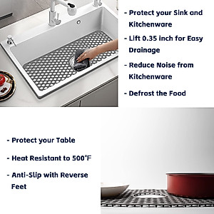Silicone Sink Mat, 24.6''x 12.9'' Kitchen Sink Protector Grid for Bottom of Center Drain Sink, TwinnekYR Grey Non-slip Heat Resistant Sink Liner for Farmhouse Stainless Steel Porcelain Sink