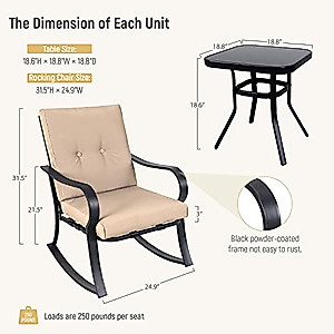 SOLAURA 3-Piece Outdoor Rocking Chairs Bistro Set, Black Iron Patio Furniture with Brown Thickened Cushion & Glass-Top Coffee Table
