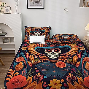Skeleton Sheets Full Size, Day of The Dead Bed Sheets, Patterned Bedding Sheets & Pillowcases 4 Piece Set - Soft Microfiber Deep Pocket Fitted Sheet & Flat Sheet & 2 Pillow Cases L8-&-335
