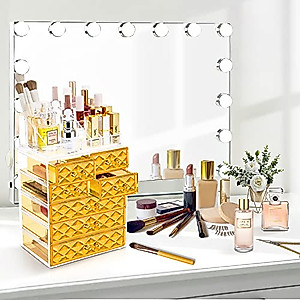 COMVTUPY Clear Makeup Organizer with Brush Holder, Large Acrylic Cosmetic Display Cases Diamond Pattern Make Up Organizers and Storage for Vanity, Bathroom (3 Large, 4 Small Drawers, Yellow)