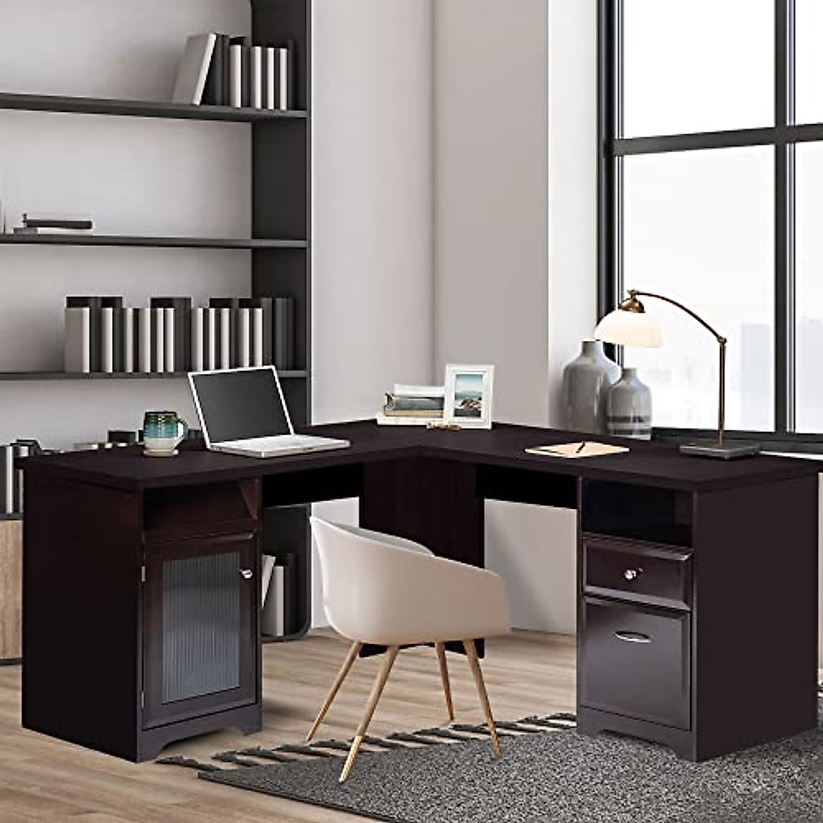 GOOD & GRACIOUS L-Shaped Desk, Home Office Corner Computer Desk with Storage Cabinet, USB Power for Modern Gaming Workstation Study File Drawer and Extra Features, Dark Brown (JHLDSK02S-1-3p)