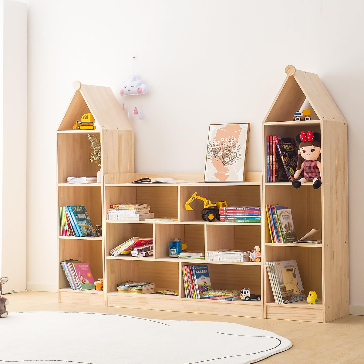 ChubanCraft Wooden 7 Compartment Storage Cabinet Organizer Kids 3 Tier Wood Bookshelf School Storage Shelf Classroom Furniture for Kids Natural (47.24" L x 11.81" W x 35.43" H)