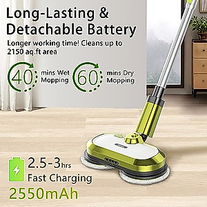 Cordless Electric Mop, Electric Spin Mop with LED Headlight and Water Spray, Up to 60 mins Powerful Floor Cleaner with 300ml Water Tank, Polisher for Hardwood, Tile Floors, Quiet Cleaning & Waxing