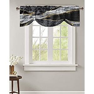 Tie Up Valance for Windows Black Abstract Marble Curtains Valances Rod Pocket Valance Window Treatments White Malachite Gold Veins Tie-up Shade Valance for Kitchen Living Room Bedroom 1 Panel 60x18