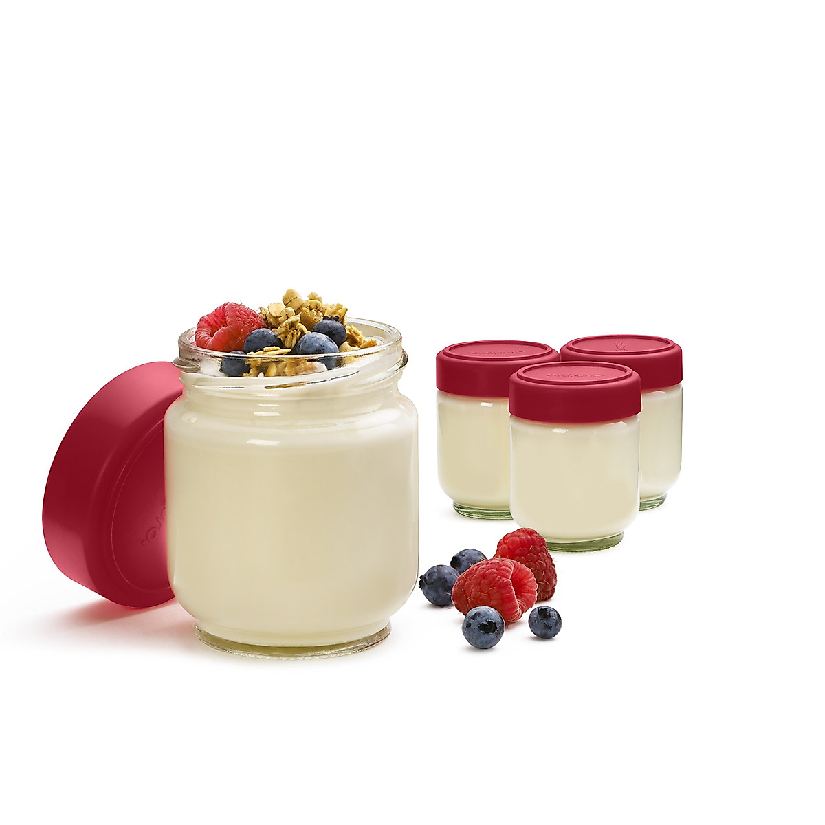 Cuisipro 6 Ounce Glass Jars (Set of 4), Glass/Red