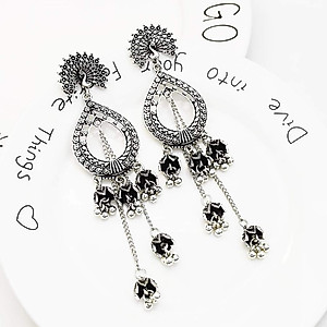 6 Pairs/Set Indian Jhumka Jhumki Ethnic Dangle Earring Sets for Women Vintage Silver Long Tassel Bell Drop Earrings Boho Jewelry (ES-8794-6)