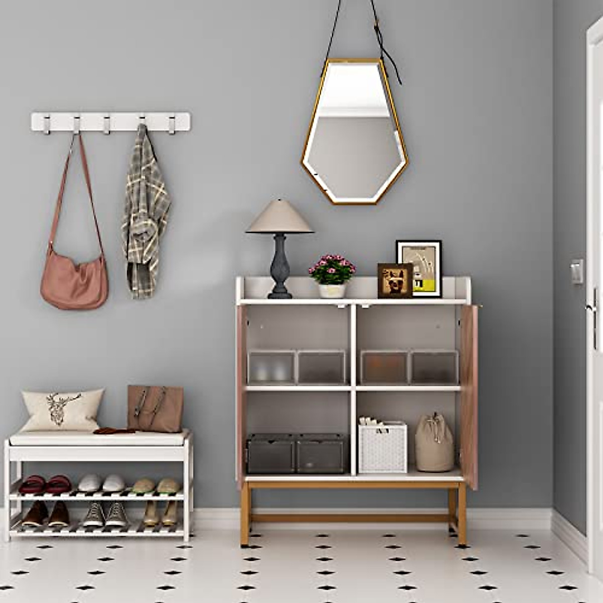 Saudism 29 Gallon Fish Tank Stand, Small Aquarium Stand 20 Gallon with Doors & Adjustable Shelves, Boho Sideboard Coffee Bar Cart, Kitchen Cupboard Console Table, 30.5" L×15.7" W×35" H, White/Gold