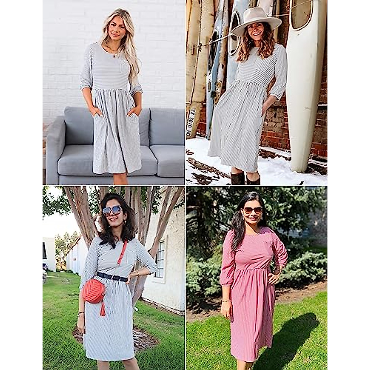 MEROKEETY Women's Short Sleeve Striped High Waist T Shirt Midi Dress with Pockets, Olive, Medium