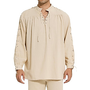 RYCUZYNU Elefan Cornelia Underwear Men's Loose Linen Medieval Gothic Renaissance Shirt Long Sleeve Pirate Mercenary Costume X-Small Beige
