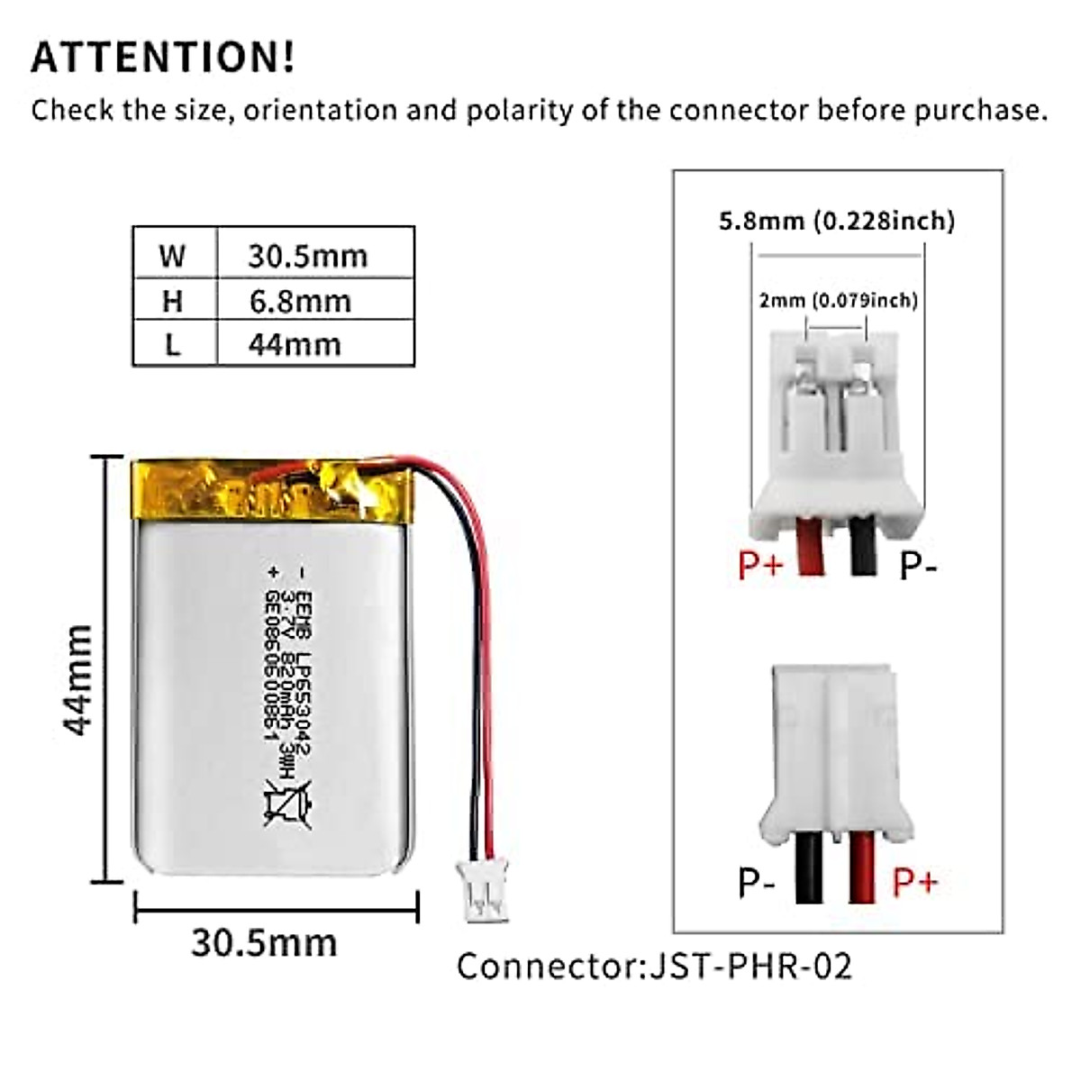 EEMB Lithium Polymer Battery 3.7V 820mAh 653042 Lipo Rechargeable Battery Pack with Wire JST Connector for Speaker and Wireless Device- Confirm Device & Connector Polarity Before Purchase