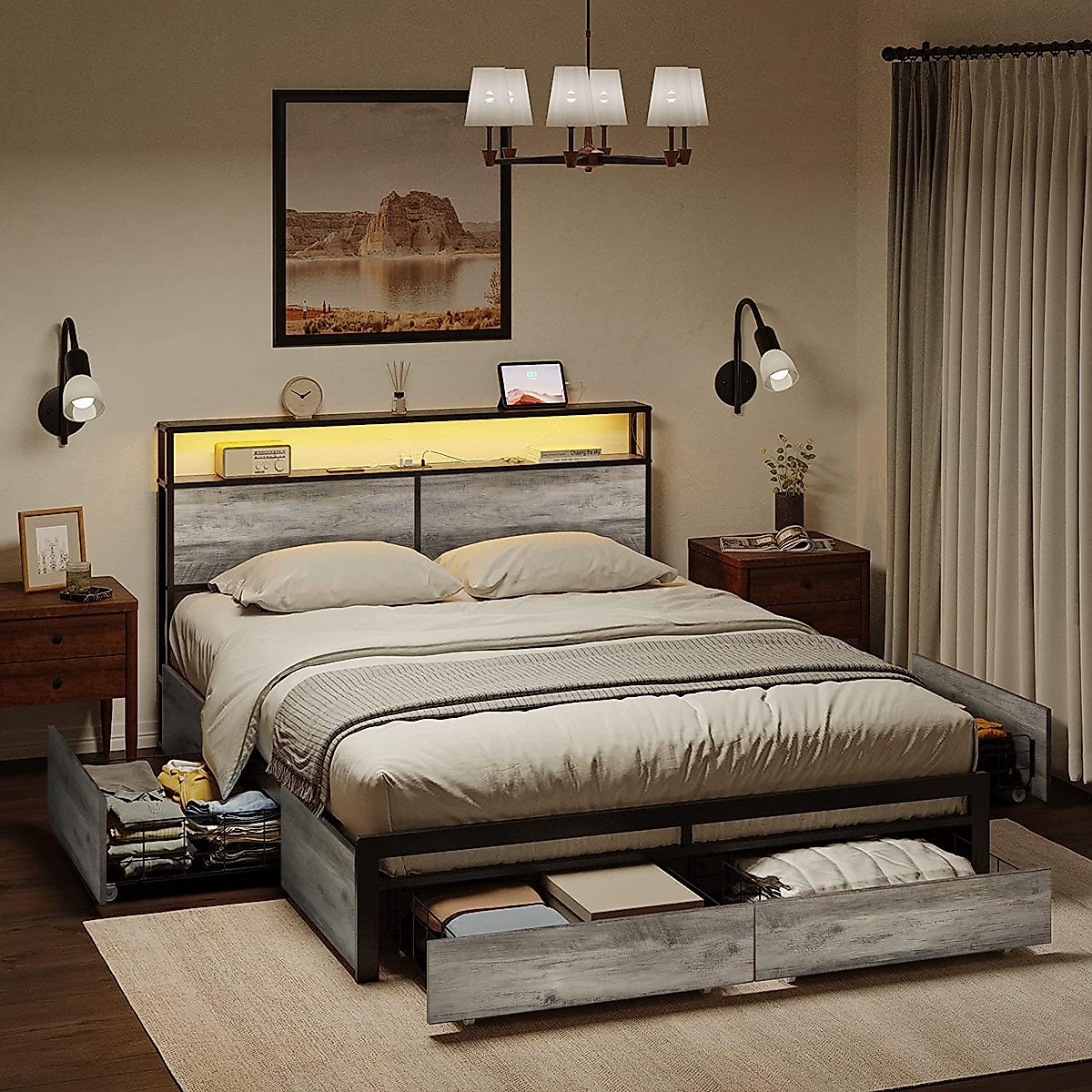 HAUSOURCE Queen Bed Frame with Storage Headboard and 4 Drawers LED Lights Metal Platform Non-Slip Without Noise Mattress Foundation Strong Metal Slats Support No Box Spring Needed,Greige