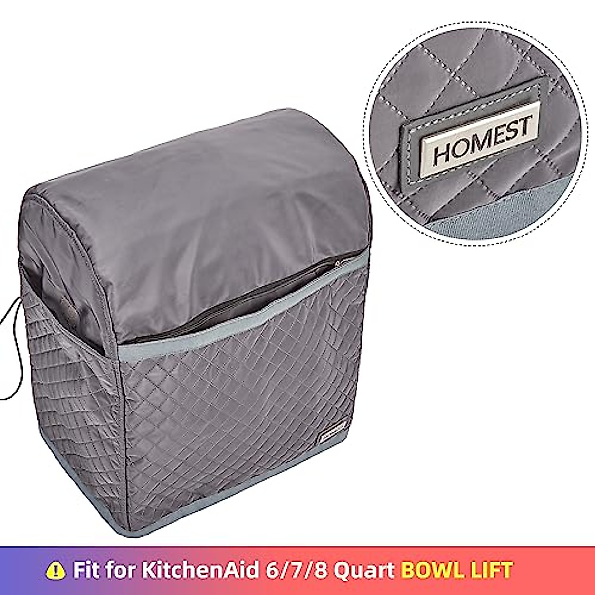 HOMEST Stand Mixer Quilted Dust Cover with Pockets Compatible with KitchenAid 6/7/8 Quart Bowl Lift, Grey (Patent Design)