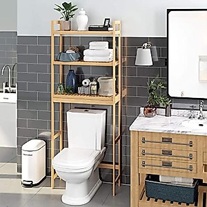 SONGMICS Over The Toilet Storage, 3-Tier Bamboo Over Toilet Bathroom Organizer with Adjustable Shelf, Fit Most Toilets, Space-Saving, Easy Assembly, Natural UBTS001N01