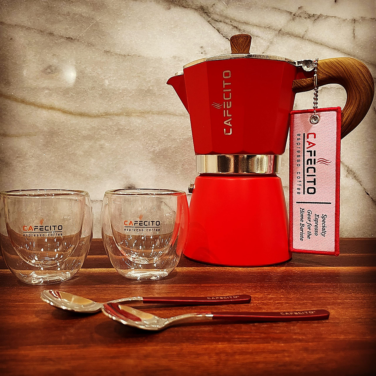 Cuban Coffee Starter Kit | Cafecito 6 Cups Moka Pot Red | 2 Cups Spoons Set | Cafetera Cubana Stovetop Espresso Maker Red | 2 Cups Spoons Set