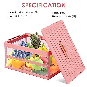 Transparent Storage Container Collapsible Storage Box with Lid Plastic Storage Bin Toy Organizer Stackable Book Box Clear Folding Utility Crate Tote Closet Shelf Basket - Pink