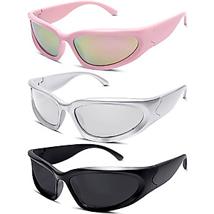 knliwkm 3 Pairs Oval Sporty Wrap Around Sunglasses Y2K Futuristic Glasses Shades for Women Men Trendy Fashion Silver