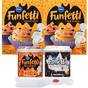Pillsbury Funfetti Halloween Bundle, 2 Cake Mixes with Candy Bits, 1 of each Frosting with Sprinkles, Black Chocolate and Orange Vanilla (Pack of 4) with By The Cup Spreader