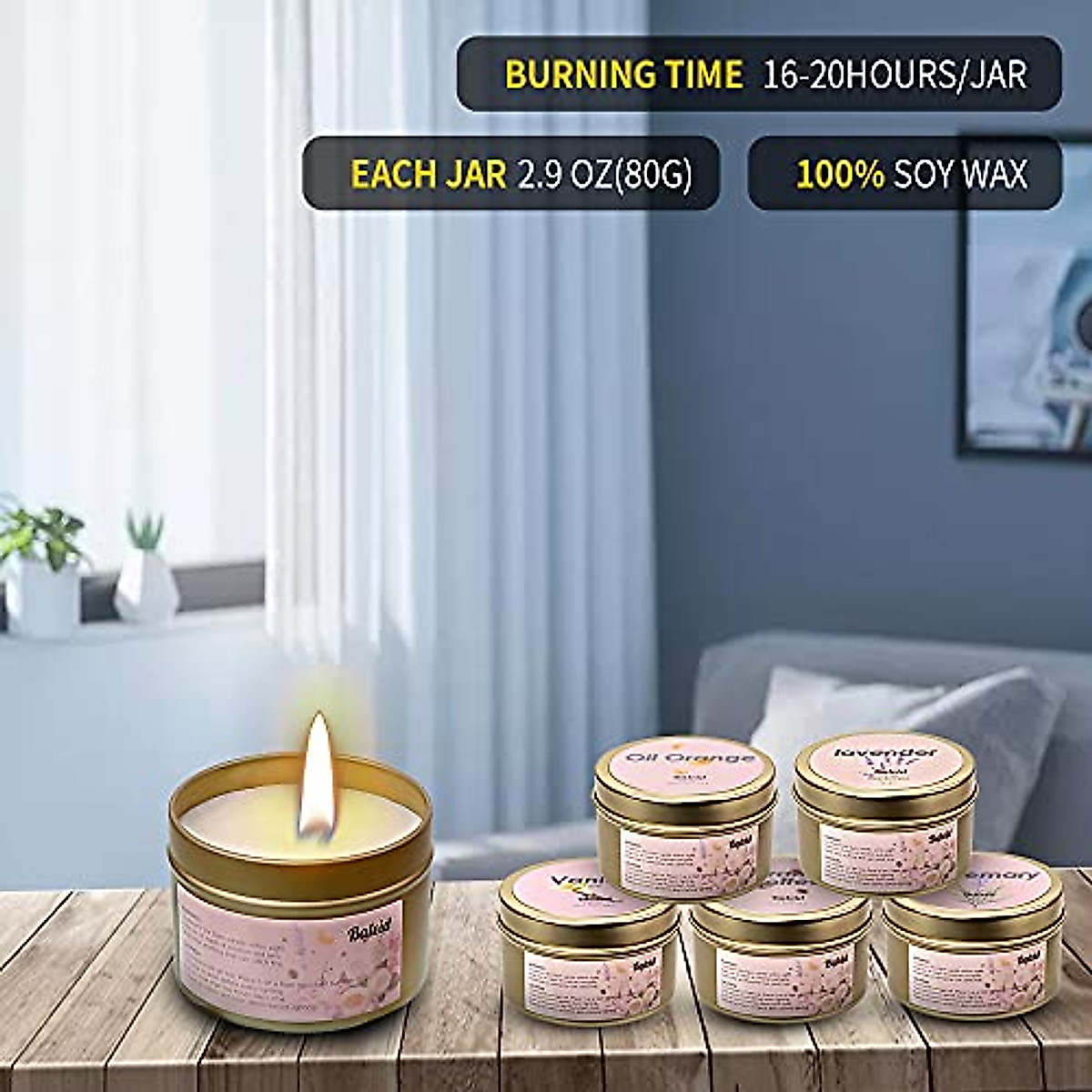 Baleid Flower Scented Candles Gift Set of 6 Pack Bulk, Natural Soy Wax 2.9 OZ Jar Portable Travel Small Tin for Men Women 7% Pure Grade Fragrance Essential Oils Stress Relief Aromatherapy Home Yoga